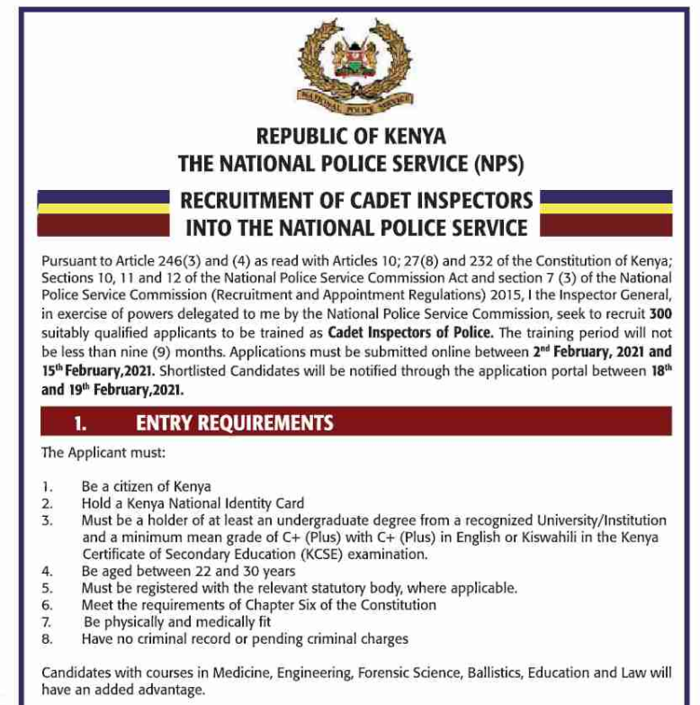 Kenya Police Recruitment of Cadet Inspectors